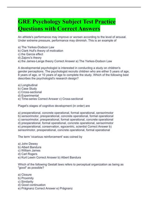 Gre Psychology Subject Test Practice Questions With Correct Answers