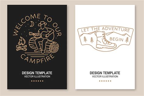 캠프파이어에 오신 것을 환영합니다 모험을 시작하자 삼머 캠프 벡터 일러스트레이션 라인 아트 전단지 브로셔 배너 하이킹 부츠가있는 포스터 산 캠프 파이어 및 기타가있는 남자