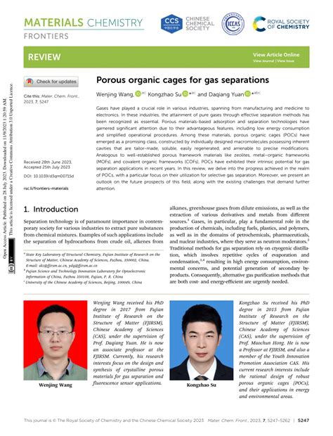 PDF Porous Organic Cages For Gas Separations