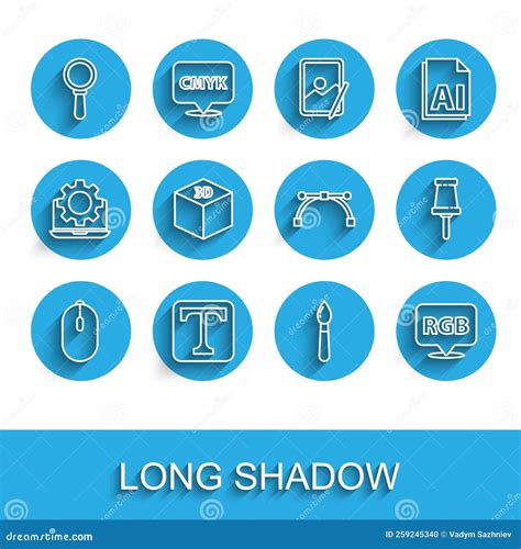 Set Line Computer Mouse Text Magnifying Glass Paint Brush Speech Bubble With RGB And CMYK