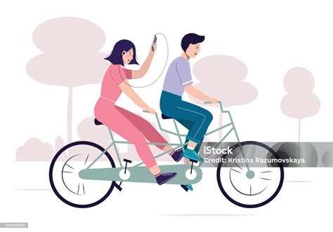 행복한 부부와 탠덤 자전거 사이클링을 즐기는 웃는 남자와 소녀 공원에서 자전거를 타고 걷기 스포츠 여행 2인승 자전거에 대한 스톡 벡터 아트 및 기타 이미지 Istock