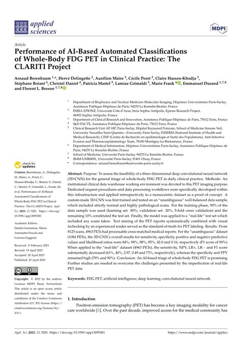 PDF Performance Of AI Based Automated Classifications Of Whole Body FDG PET In Clinical