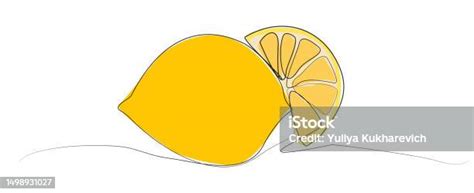 레몬과 슬라이스를 그리는 한 줄의 벡터 연속선 노란색 과일 그림입니다 비타민과 건강 식품 개념 패키지 로고 식료품 쇼핑백을 위한 디자인 아트 에코 및 유기농 신선한 감귤류