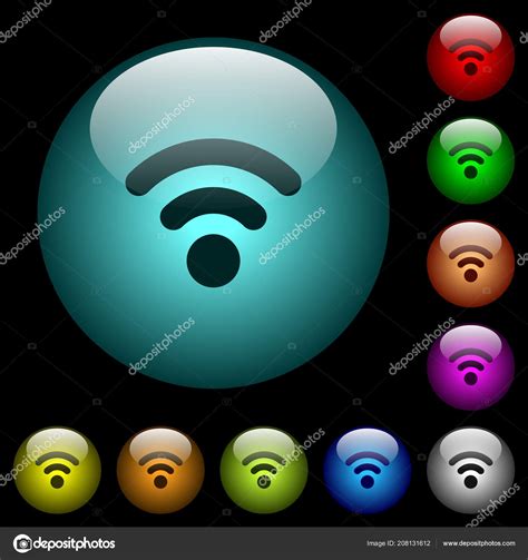 Radio Signal Icons Color Illuminated Spherical Glass Buttons Black Background Stock Vector By