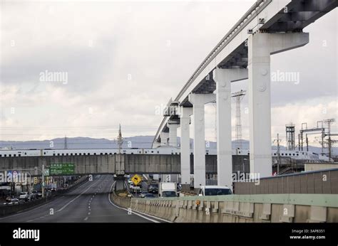 Japanese Infrastructure With Train Monorail Track And Motorway Osaka