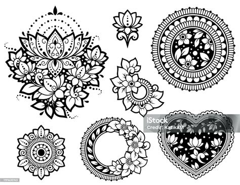 헤나 드로잉과 문신을위한 멘디 꽃 패턴 연꽃 심장 및 만다라의 큰 세트 민족 동양 인도 스타일의 장식 낙서 장식 개요 손 그리기 벡터 그림입니다 만다라에 대한 스톡 벡터