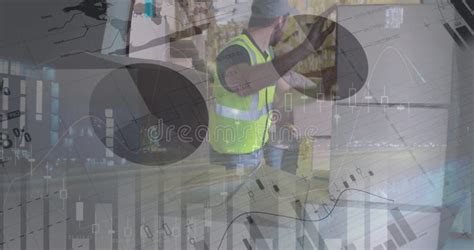 Statistical Data Processing Against Caucasian Delivery Man Stacking Boxes From Warehouse In His