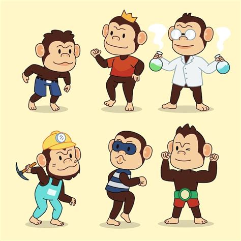 다양한 전문 의상을 입은 원숭이의 캐리커처 세트 무료 벡터