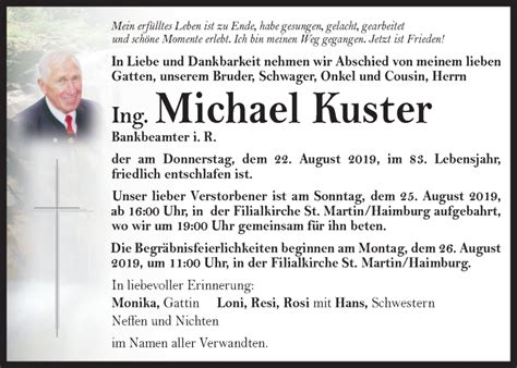 Traueranzeigen Von Michael Kuster Trauerkleinezeitungat