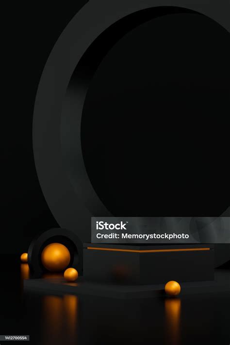 검은 색과 고덴 플랫폼이있는 무대에서 검은 연단이 최소화됩니다 화장품 및 보석 제품을 보여주는 단계 받침대 현대 3d 스튜디오 어두운 플랫폼에 무대 블랙 0명에 대한 스톡