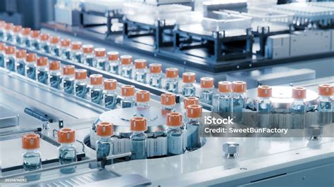 백신 생산 시설 의약품 제조 공정 컨베이어 벨트에 주황색 캡이 있는 유리 유리병 현대 제약 공장의 의료용 앰플 생산 라인 약에 대한 스톡 사진 및 기타 이미지 Istock