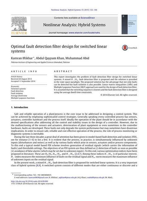 Pdf Optimal Fault Detection Filter Design For Switched Linear Systems