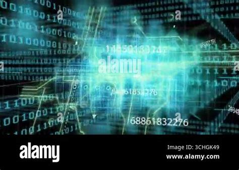 Binary Stream Flowing Spawning Neon Blue Wireframe Block Pulsing Numeric Labels Updating Live