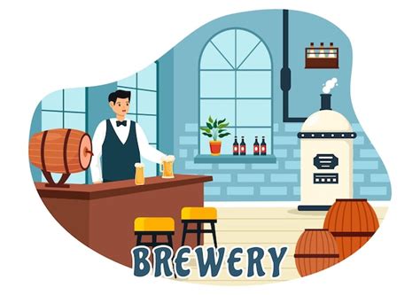 맥주 크와 알코올 음료로 가득 찬 병을 가진 양조장 생산 과정 터 일러스트레이션 프리미엄 벡터