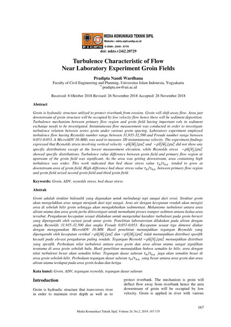 Pdf Turbulence Characteristic Of Flow Near Laboratory Experiment Groin Fields