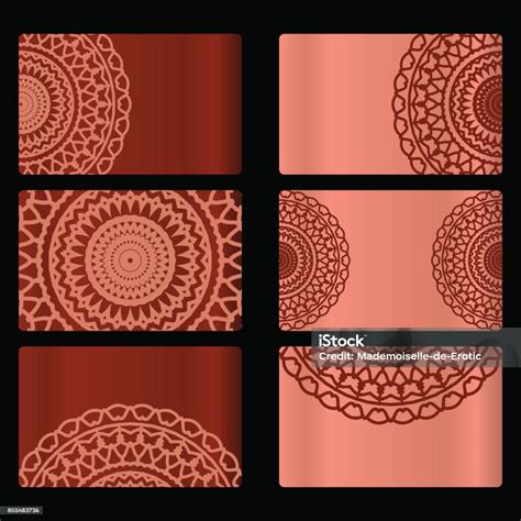 6 명함 추상적인 꽃 만다라 디자인의 Ll1386set 오리엔탈 꽃 패턴입니다 벡터 일러스트 레이 션 손이 그린된 만화경 배경 붉은 벽돌 색 0명에 대한 스톡 벡터 아트 및