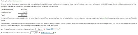 Solved Factory Overhead Cost Variances Budgeted Overhead At