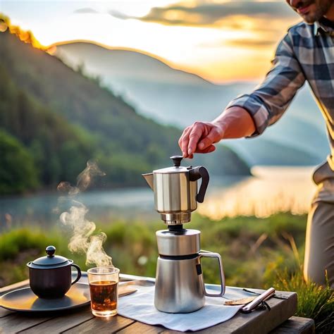 Moka Pot Coffee Campsite Morning Lifestyle Person Premium Ai Generated Image