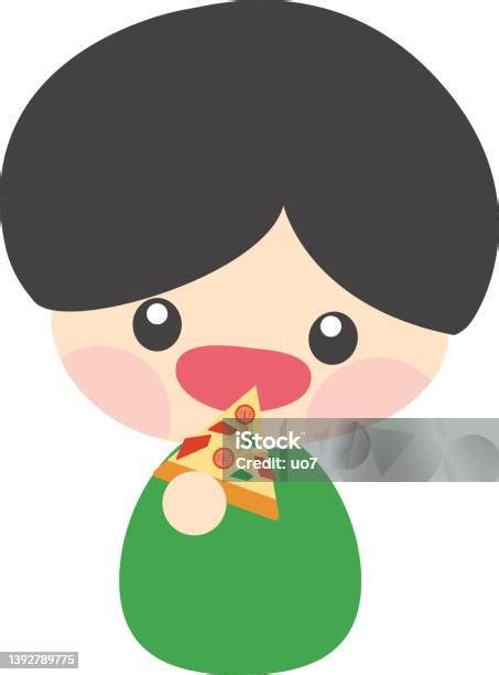 그의 손을 사용하여 피자를 먹는 귀여운 어린 소년 혼자서 먹는 아이 어린이 아침 식사 점심 저녁 식사 고립 된 만화 캐릭터 벡터 일러스트 레이 션 Eps10 건강한 생활