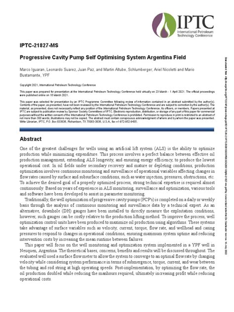 Iptc 21827 Ms Progressive Cavity Pump Self Optimising System Argentina Field Pdf Pump Flow