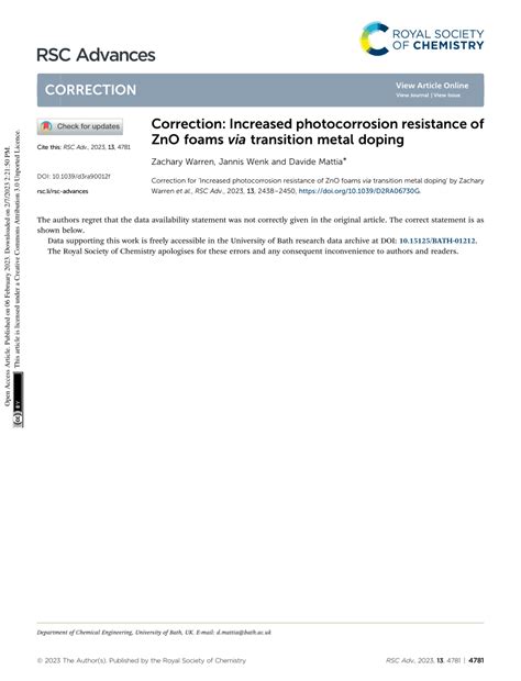 Pdf Correction Increased Photocorrosion Resistance Of Zno Foams Via Transition Metal Doping