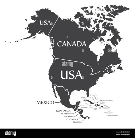 North America Continent Map With Countries And Labels Black Stock