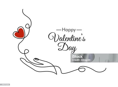 연속적인 한 줄 그리기 손 하트 발렌타인 데이의 개념입니다 얇고 화려하고 로맨틱한 심볼이 심플한 리니어 스타일로 표현되어 있습니다 2월에 대한 스톡 벡터 아트 및 기타