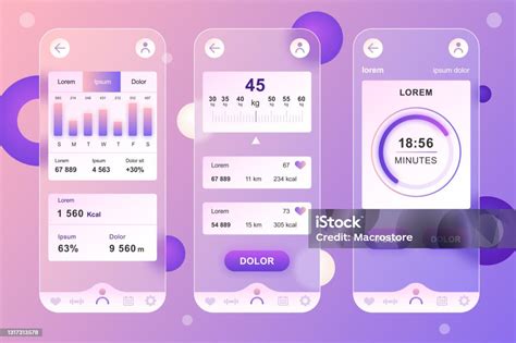 모바일 응용 프로그램에 대한 피트니스 운동 호형성 요소 키트 체중 그래프 칼로리 추적 스포츠 활동 타이머 Ui Ux Gui 화면