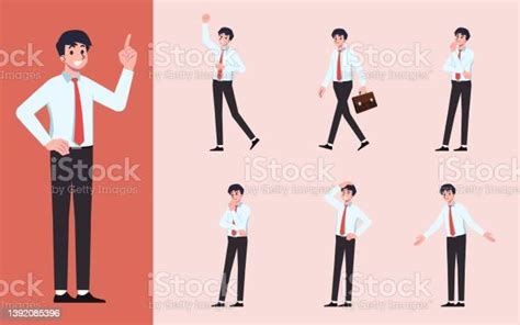 흰색 배경에 고립 된 많은 제스처의 플랫 디자인 사업가 세트 직장에서 다른 포즈를 취하는 사업가들 애니메이션 프로그램에서 쉽게 애니메이션 할 수 있도록 별도의 신체 부위가