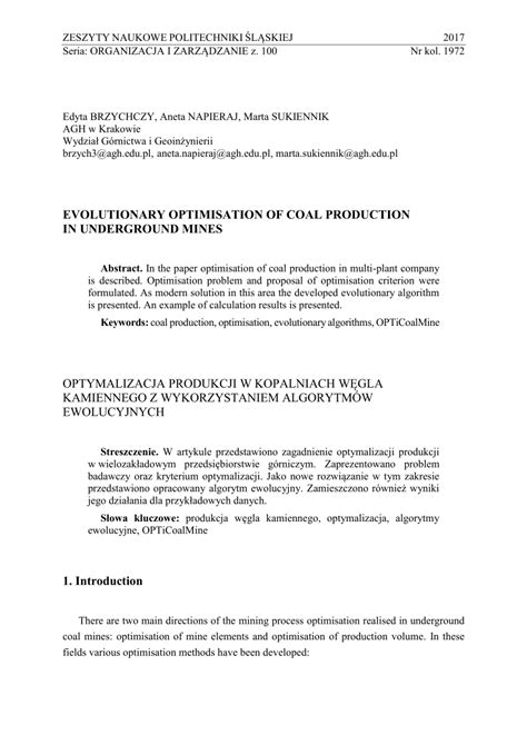 Pdf Evolutionary Optimisation Of Coal Production In Underground Mines