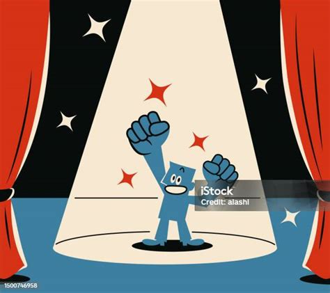 미소 짓는 파란 남자가 스포트라이트와 함께 무대에서 의기양양하게 허공을 날리고 있었다 끈기에 대한 스톡 벡터 아트 및 기타