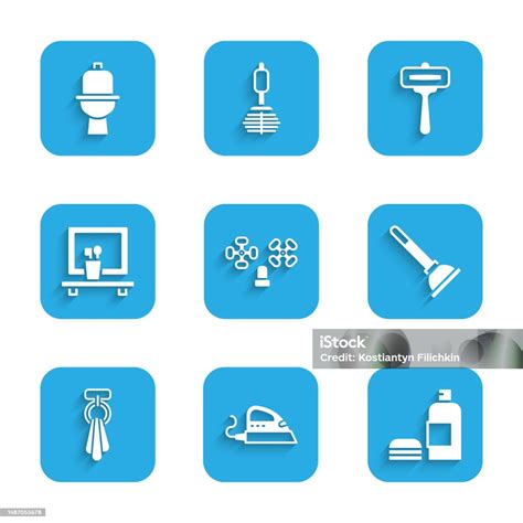 수도꼭지 전기 다리미 샴푸 병 고무 플런저 수건 걸이 세면기 거울 면도기 및 변기 아이콘을 설정합니다 벡터 0명에 대한 스톡 벡터 아트 및 기타 이미지 Istock