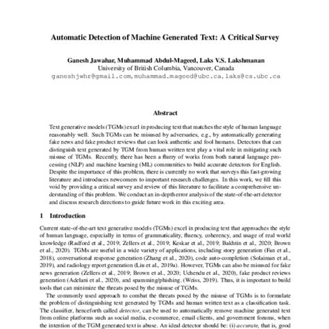 Automatic Detection Of Machine Generated Text A Critical Survey Acl Anthology