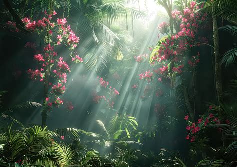 Lush Jungle Scene With Vibrant Flowers And Sunlight Filtering Through