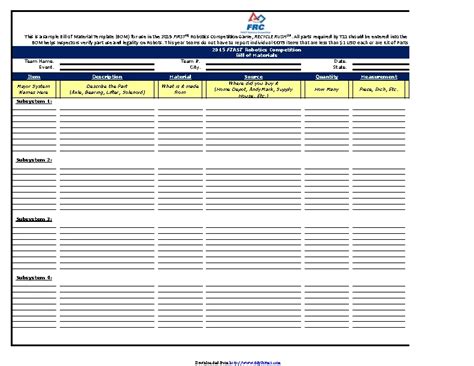 Bill Of Material Template PDFSimpli