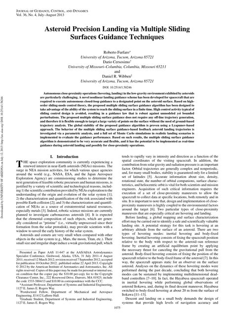 Pdf Asteroid Precision Landing Via Multiple Sliding Surfaces Guidance Techniques