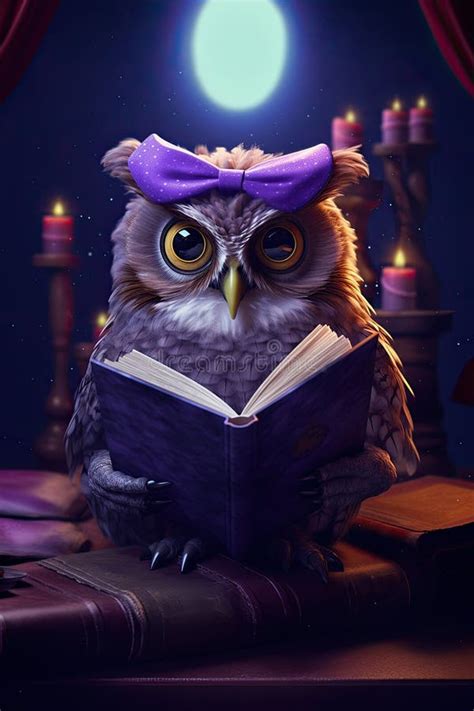 Purple Colored Owl With Oversized Bow Reading Book By Candlelight