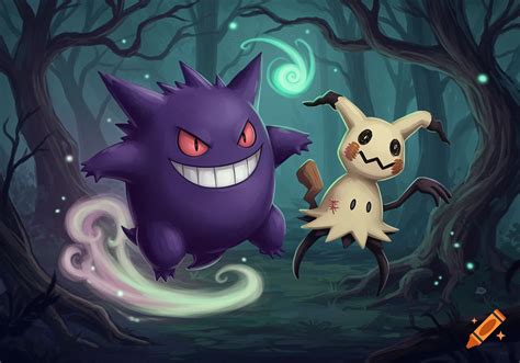 A Cute Stylized Mimikyu Stands In A Dark Forest Illuminated By Glowing