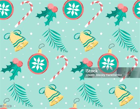 크리스마스 완벽 한 패턴입니다 직물에 인쇄하기 위한 반복 디자인 요소 포장지 종 열매 나뭇가지 막대 사탕 겨울 방학 및 축제 평면 벡터 일러스트 레이 션 0명에 대한 스톡
