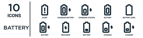 배터리 개요 아이콘 세트에는 얇은 라인 경고 충전 스테이션 배터리 잔량 충전 충전 충전 보고서 프리젠 테이션 다이어그램 웹