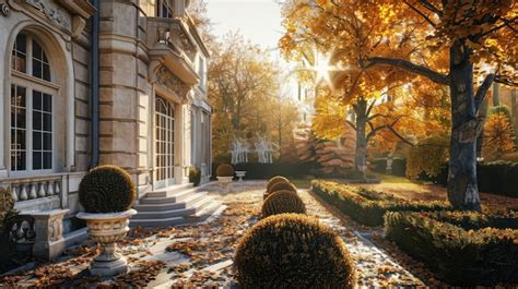 A Stone Mansion With Fall Foliage And Sunbeams Premium Ai Generated Image
