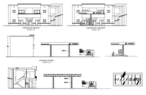 Hospital Building All Sided Elevation Section And Bus Stop Cad Drawing