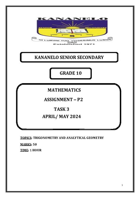 Grade 10 Assignment Part 2 Topics Trigonometry And Analytical