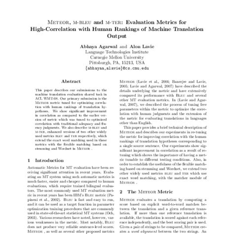 Meteor M Bleu And M Ter Evaluation Metrics For High Correlation With
