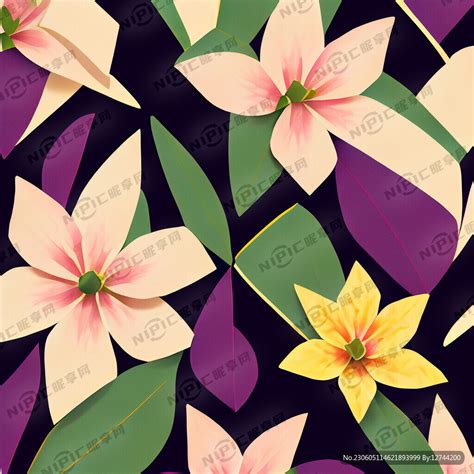 Ai创作图粉色小碎花 绿色叶子 紫色小碎花 黄色小碎花 四方循环 色块 昵图网