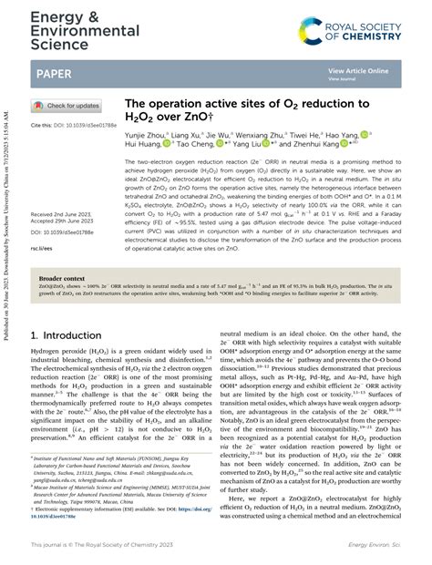 Pdf The Operation Active Site Of O2 Reduction To H2o2 Over Zno