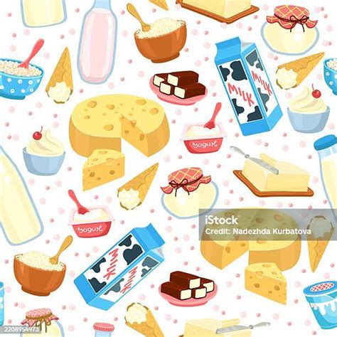 유제품 완벽 한 패턴 유제품 밀키 밀키 아이스크림 치즈 조각 반복 인쇄 코티지 커드 버터와 요구르트 케피어 병 건강한 영양 벡터 배경 가정 주방에 대한 스톡 벡터 아트 및