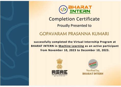 Gopavaram Prasanna Kumari On Linkedin Bharatintern Machinelearning
