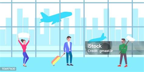 공항 대기실 도착 터미널 내부 전체 길이 평면 수평에 회의 플 래 카드 빈 간판을 들고 남자 여자 사람들 가정의 방에 대한 스톡