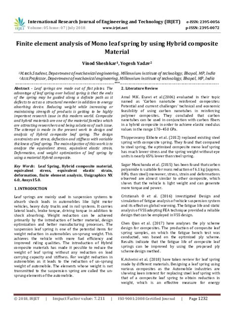 Pdf Irjet Finite Element Analysis Of Mono Leaf Spring By Using Hybrid Composite Material